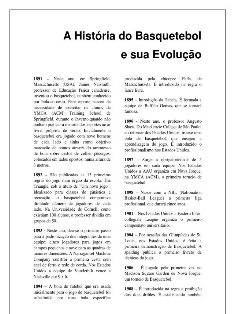 A História Do Basquetebol e Sua Evolução | PDF | Esportes | Basquete