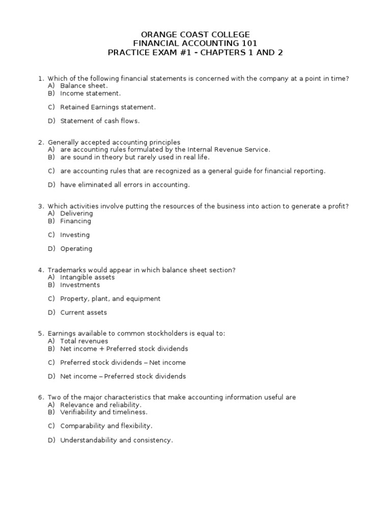 Acct101 Practice Exam Chapters 1 And 2 Pdf Retained Earnings Equity Finance