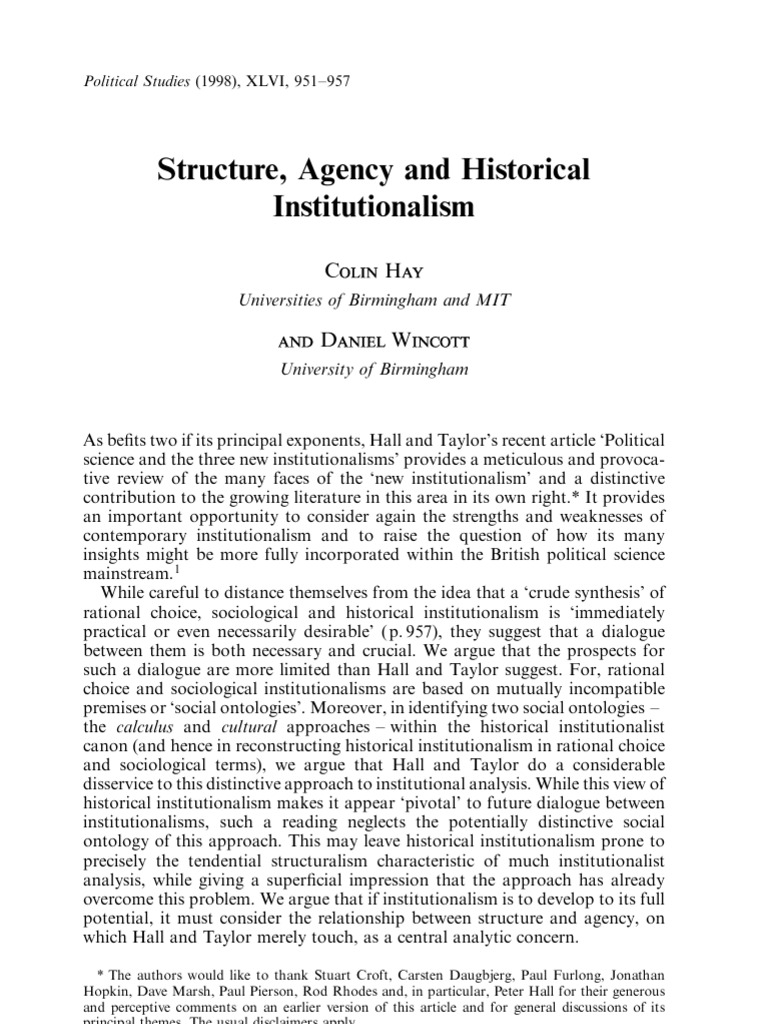 Structure Agency and Historical Institutionalism | PDF