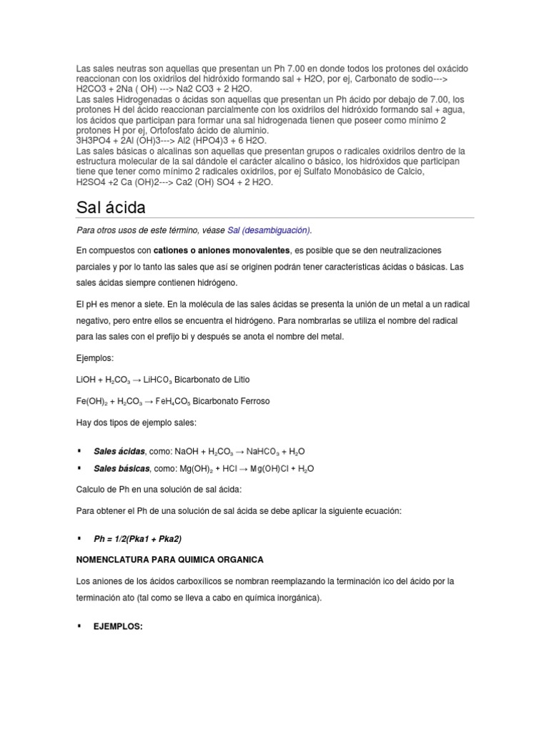 Las Sales Neutras Son Aquellas Que Presentan Un PH 7 | PDF | Sal ...
