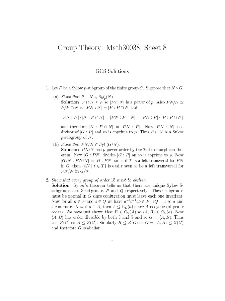 Group Theory: Math30038, Sheet 8: GCS Solutions | PDF | Index Of A Subgroup | Category Theory