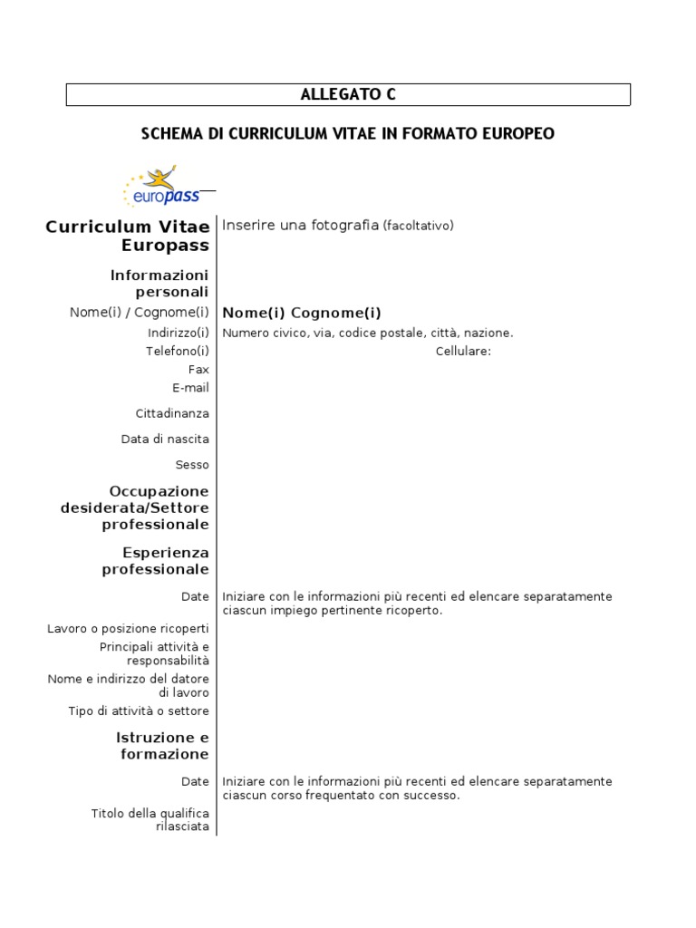 ALLEGATO C - Schema Di Curriculum Vitae Formato Europeo | PDF