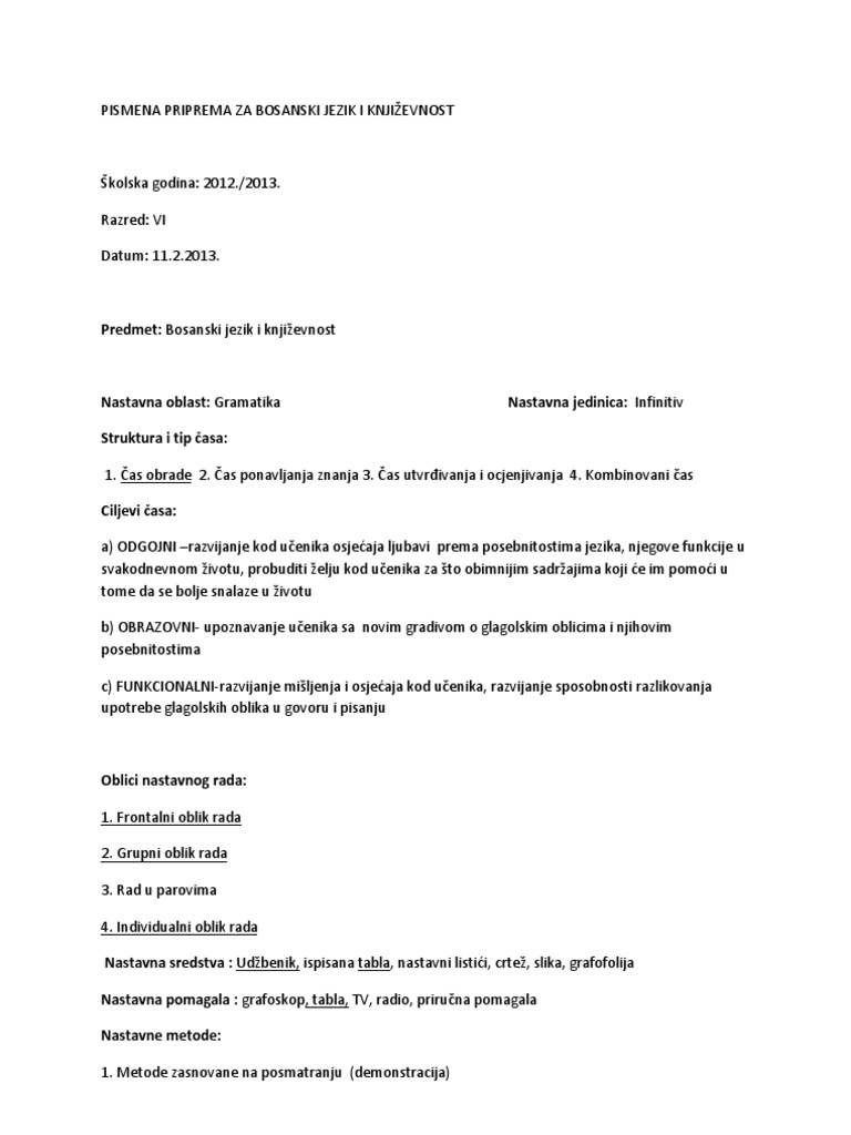 Pismena Priprema Časa Bosanski Jezik I Književnost | PDF