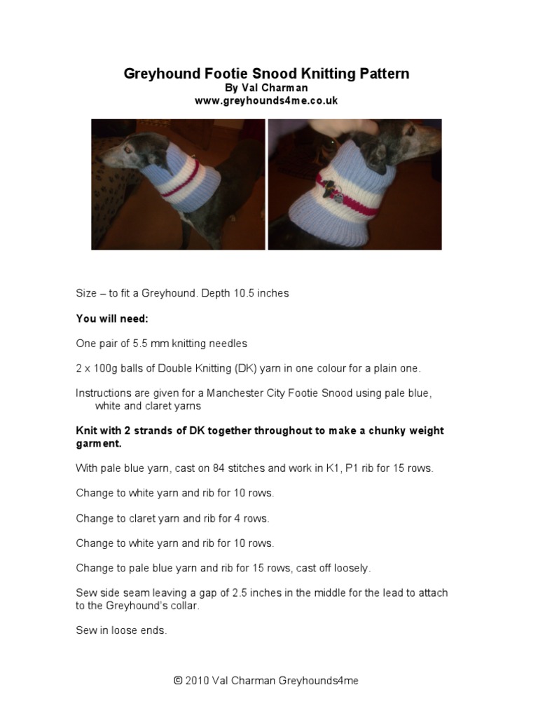 Greyhound Footie Snood Knitting Pattern | PDF | Knitting | Yarn