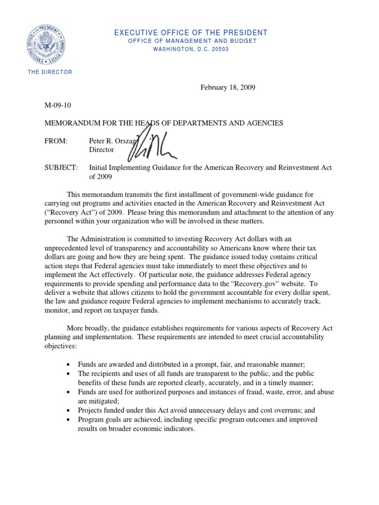 OMB Memo Re Stimulus Guidance | PDF | Administration Of Federal ...
