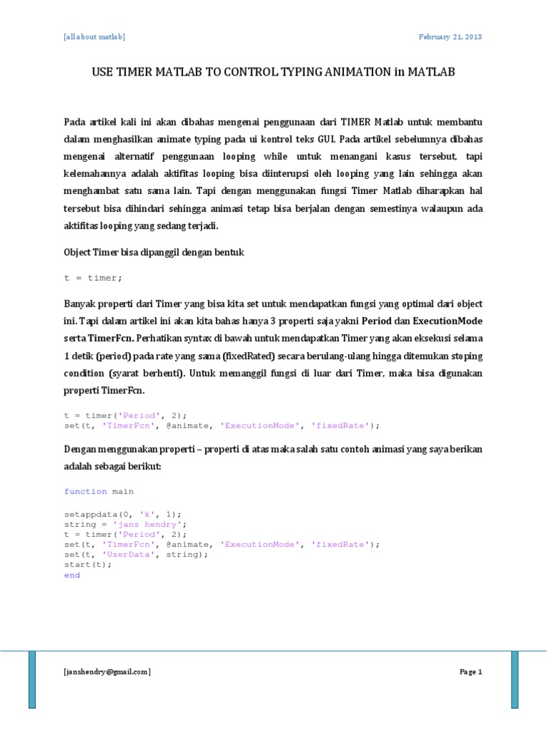 Use Timer Matlab To Control Typing Animation in Matlab | PDF