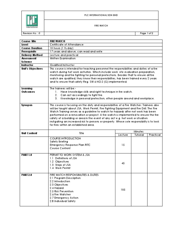 Course Outline Fire Watch | PDF | Firefighting | Fires