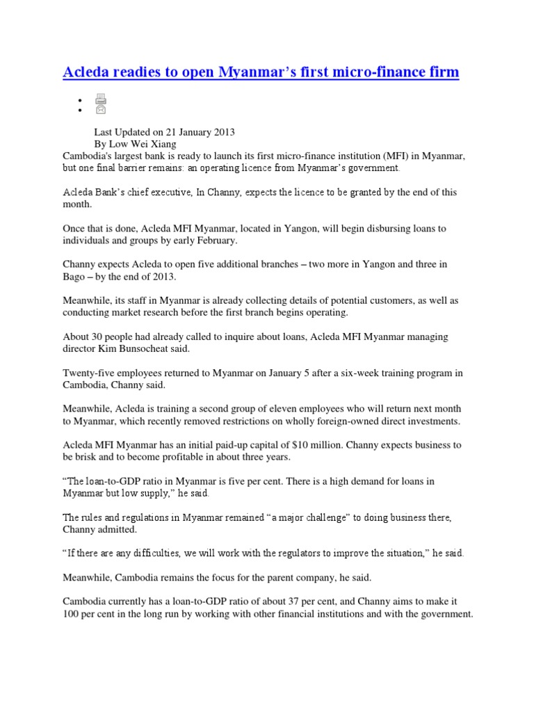 Acleda Launches Myanmar Micro-Finance Firm | PDF | Banks | Money