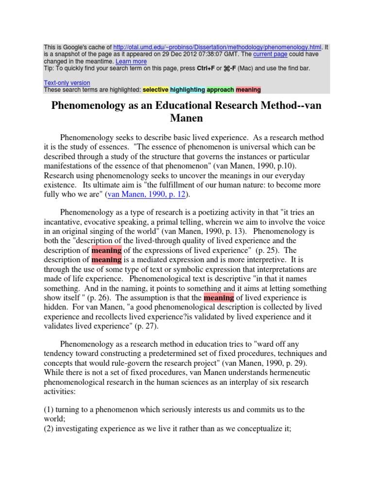 Van Manen Hemeunistic Approach study | Phenomenology (Philosophy ...