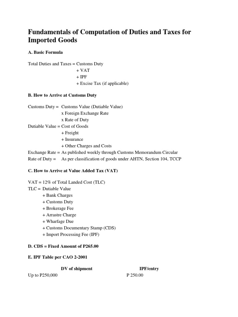 Fundamentals of Computation of Duties and Taxes For Imported Goods ...