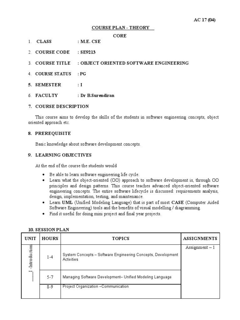 Course Plan of Object Oriented Software Engineering I Me Cse | PDF | Object Oriented Programming ...