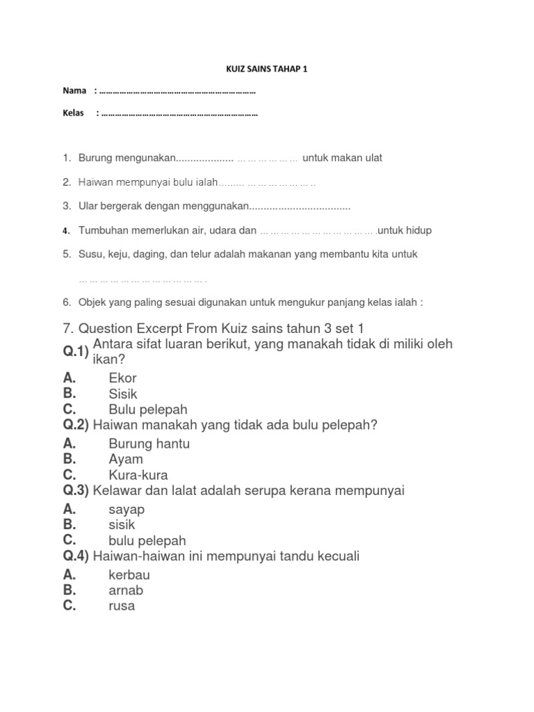 Kuiz Sains Tahap 1 | PDF
