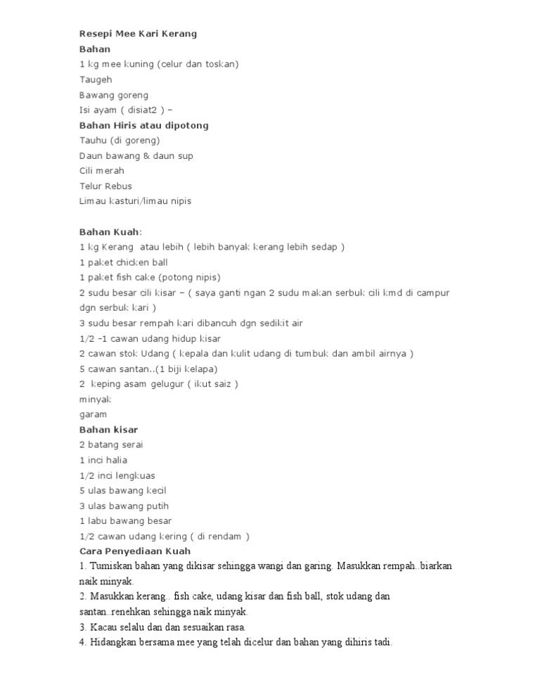 Resepi Mee Kari Kerang | PDF