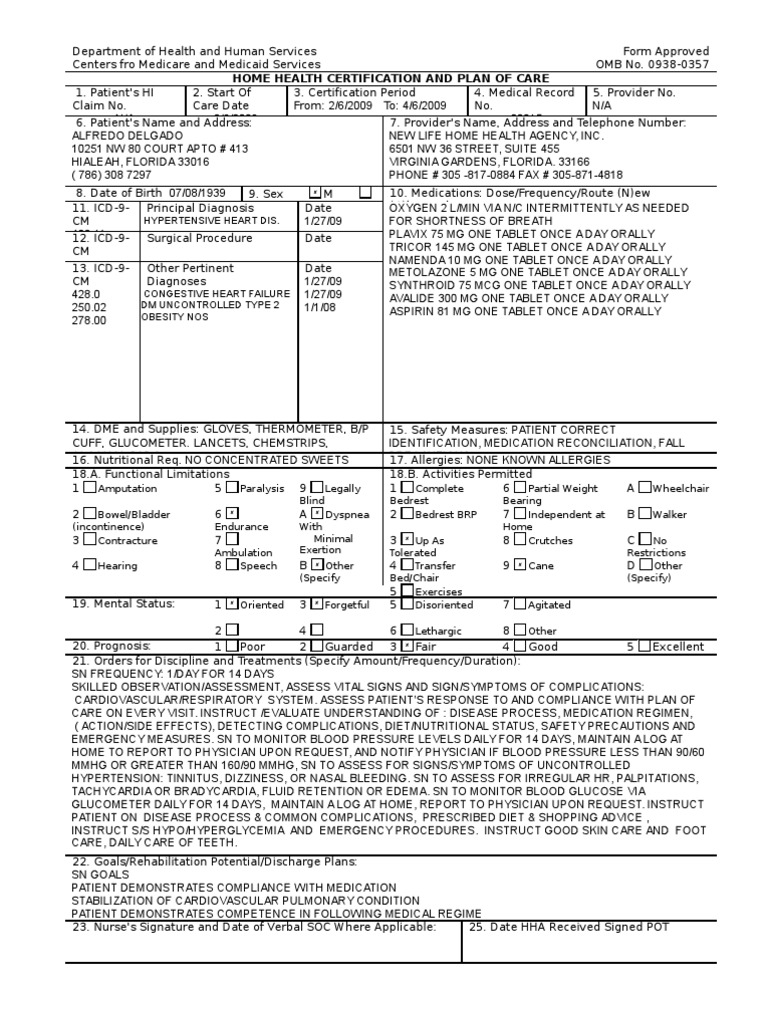 Home Health Certification Plan Form | PDF | Urinary Incontinence ...