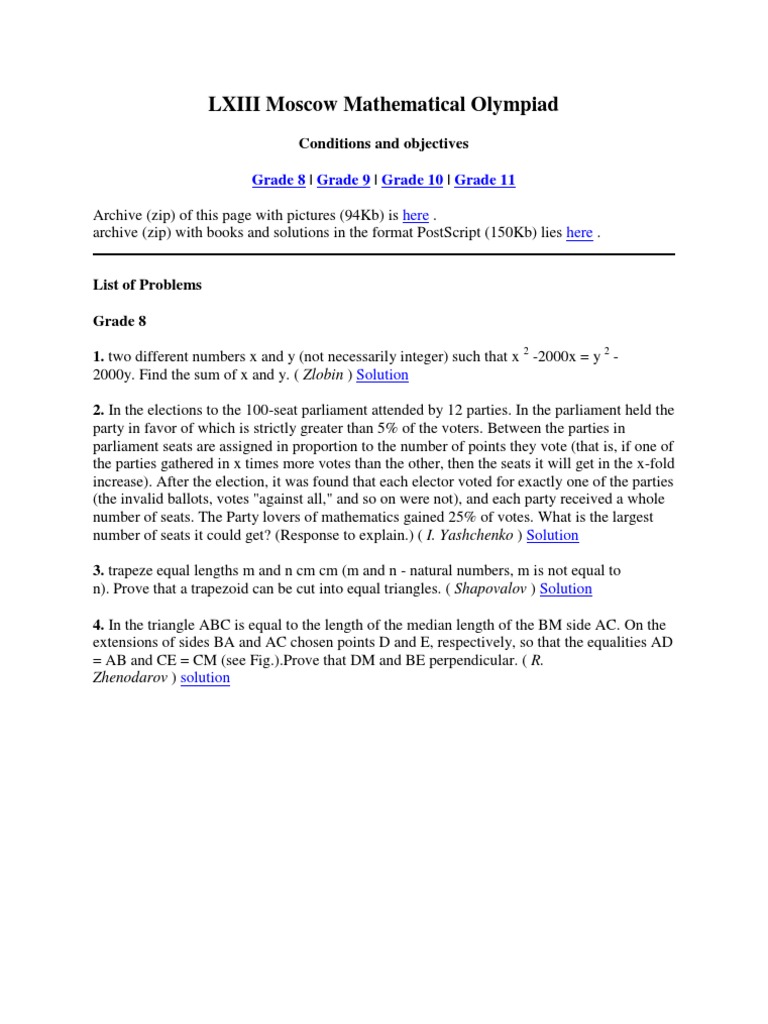 LXIII Moscow Mathematical Olympiad-Russia | Download Free PDF | Circle ...