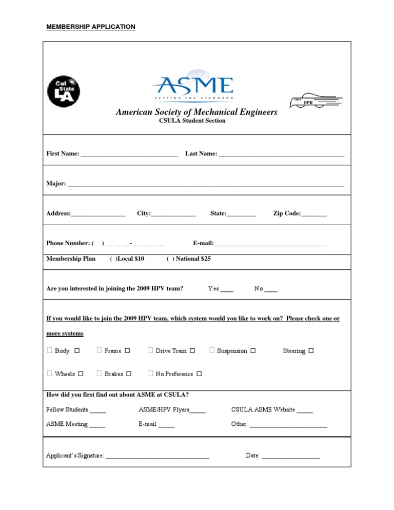 CSULA ASME Membership Form | PDF | Career & Growth | Business
