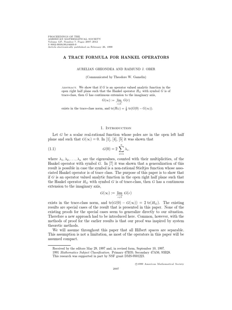 A Trace Formula For Hankel Operators | PDF | Hilbert Space | Function (Mathematics)