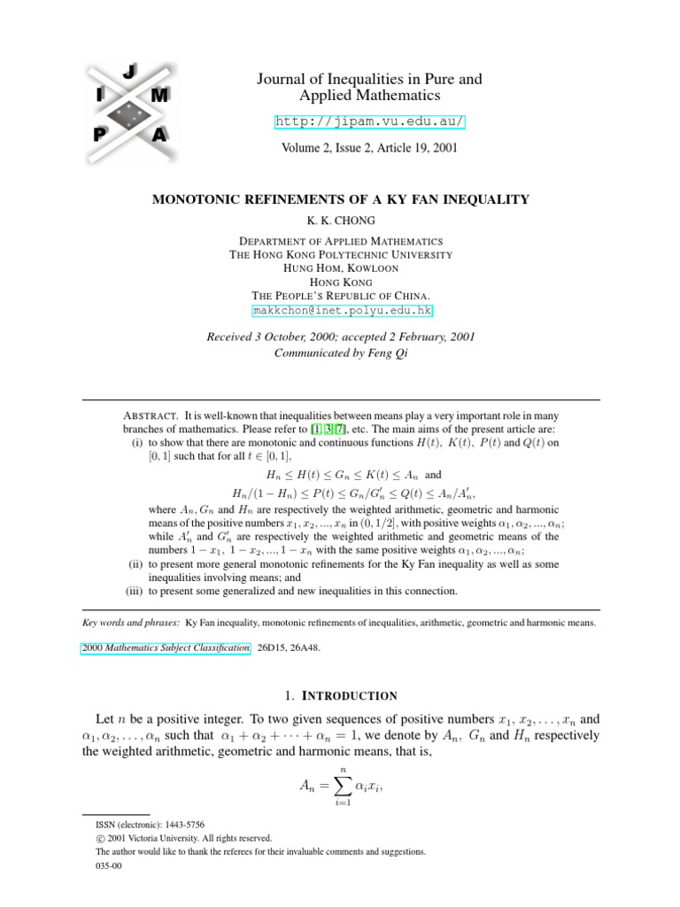 Journal of Inequalities in Pure and Applied Mathematics: Monotonic Refinements of A Ky Fan ...