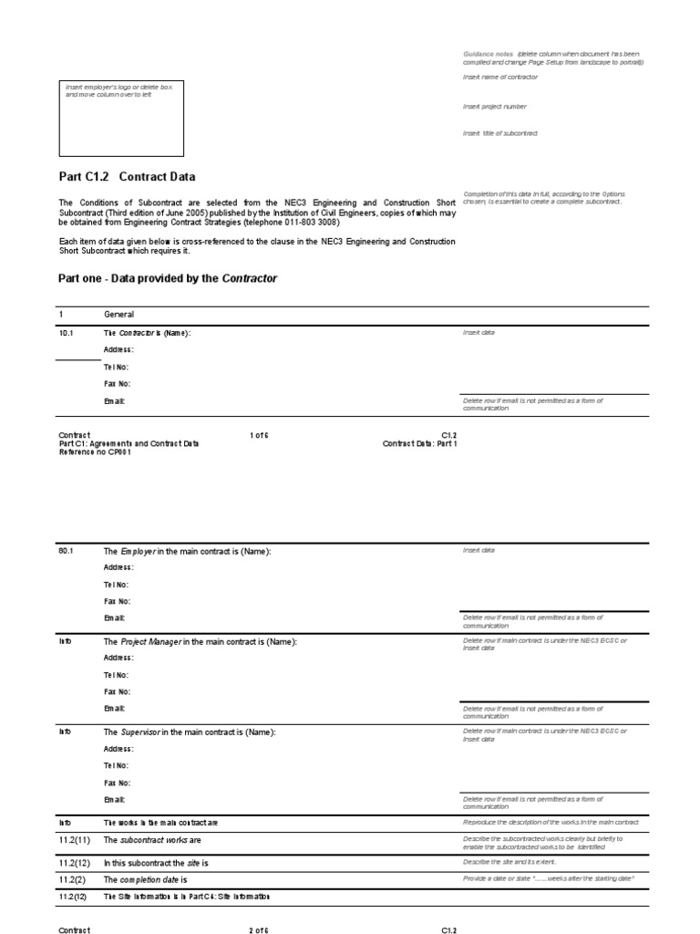Contract Data Sheet-NEC3 Short Subcontract | PDF | Arbitral Tribunal ...