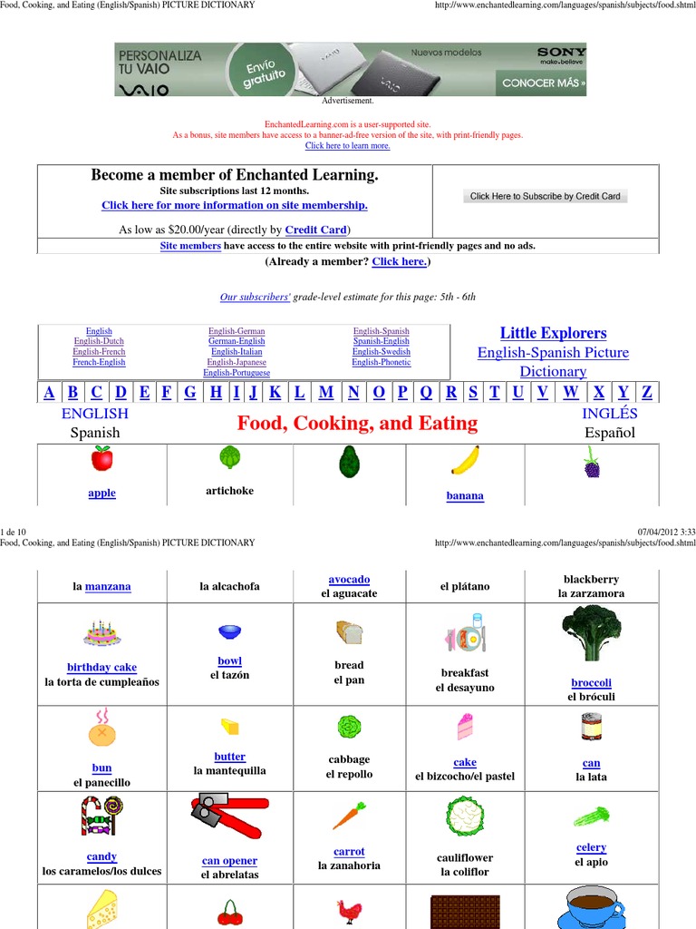 Food, Cooking, and Eating (English - Spanish) PICTURE DICTIONARY | PDF ...