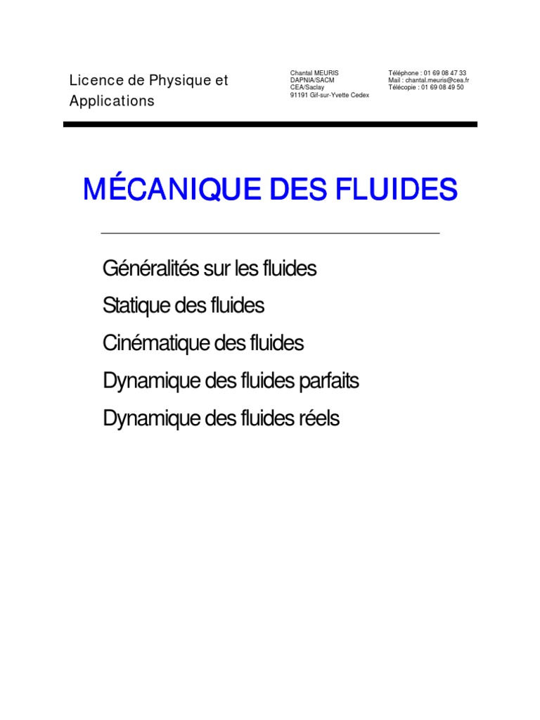 Cours Mecanique Des Fluides PDF | PDF | Dynamique des fluides | Pression