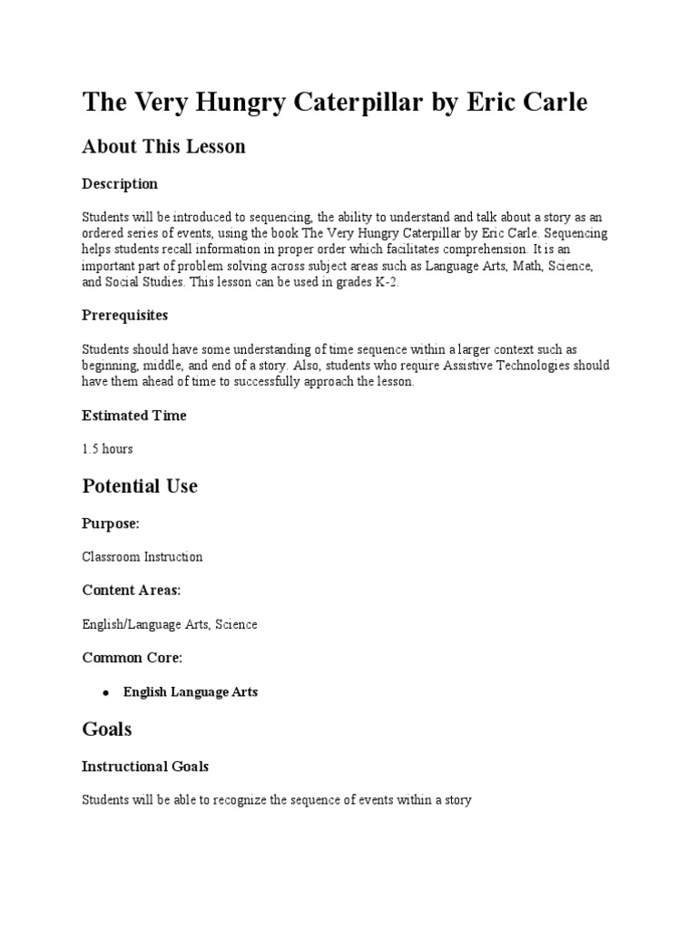 Very Hungry Caterpillar Lesson Plan | PDF | Educational Assessment ...