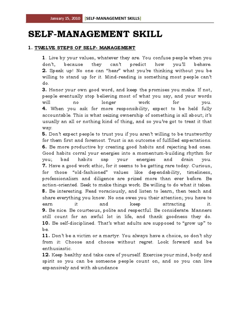 Self Management | PDF | Time Management | Professional Skills