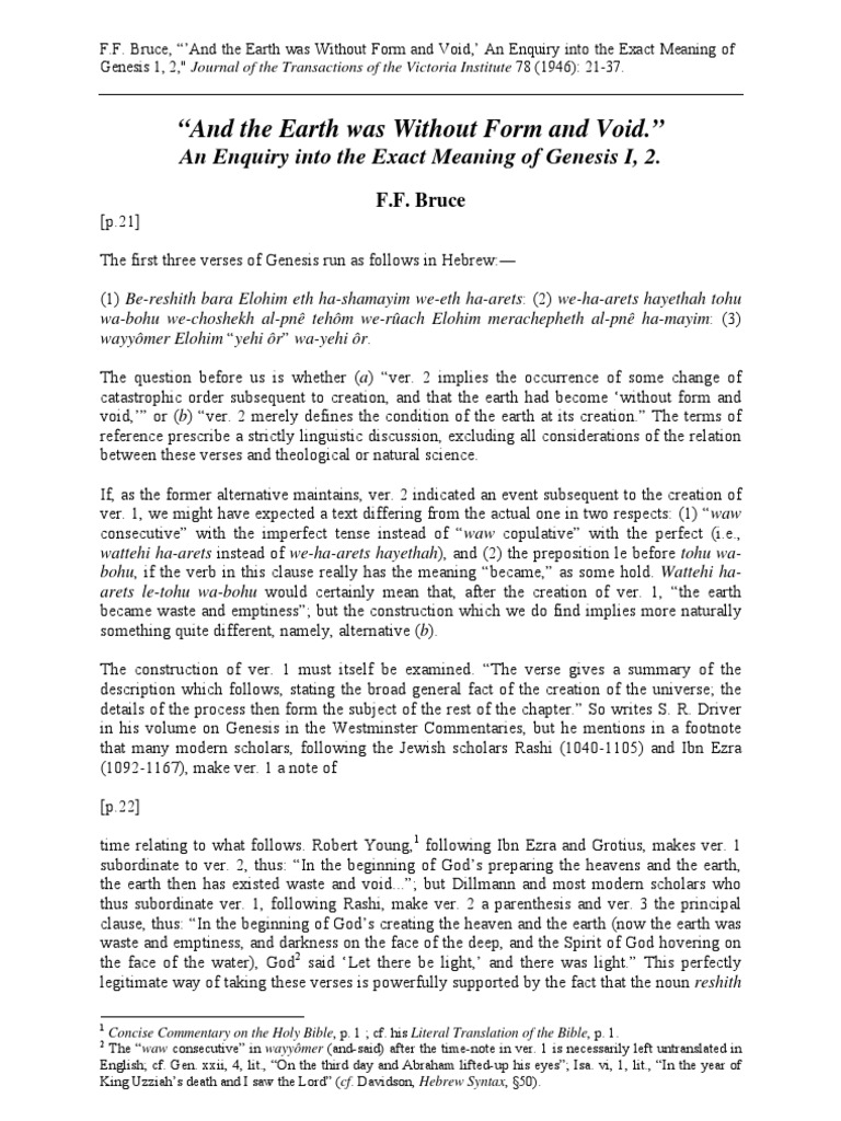 F.F. Bruce - and The Earth Was Without Form and Void, An Enquiry Into The Exact Meaning of ...