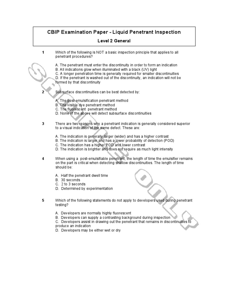 CBIP Examination Paper - Liquid Penetrant Inspection Level 2 General | PDF | Chemistry | Applied ...