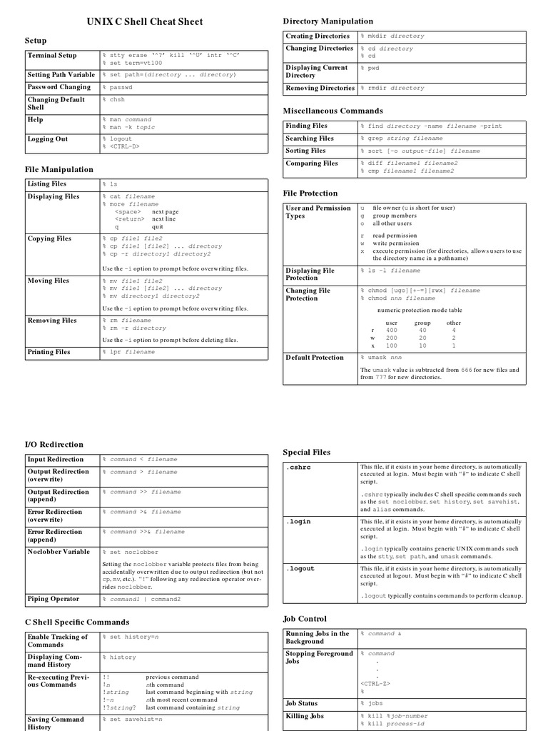 UNIX C Shell Cheat Sheet: Directory Manipulation | PDF | Filename | Computer File