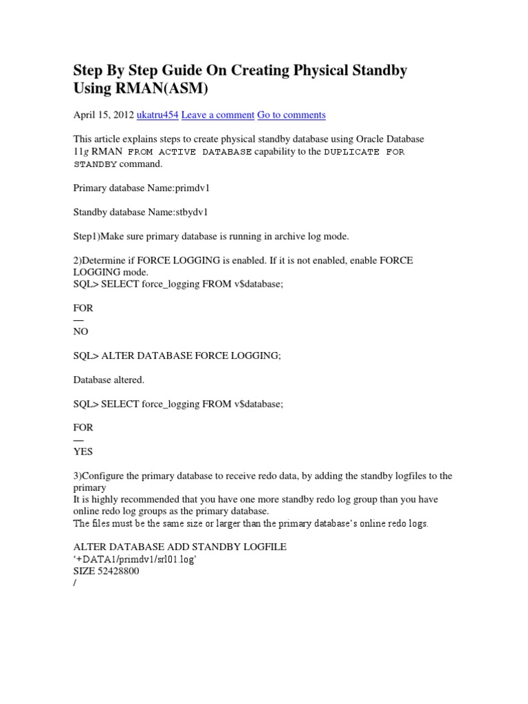 Step by Step Guide On Creating Physical Standby Using | PDF | Oracle Database | Databases