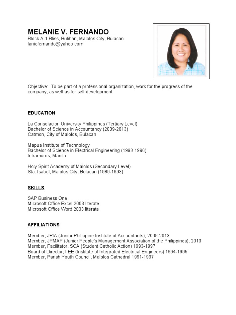 Fernando, Melanie V..doc Resume' | PDF | Philippines | College