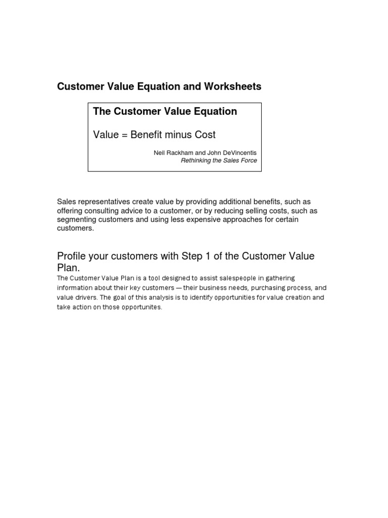 Customer Value Equation and Worksheets | PDF | Sales | Business