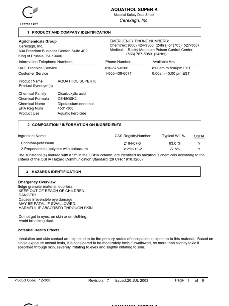Aquathol Super K Aquatic Herbicide Msds | PDF | Toxicity | Ventilation ...