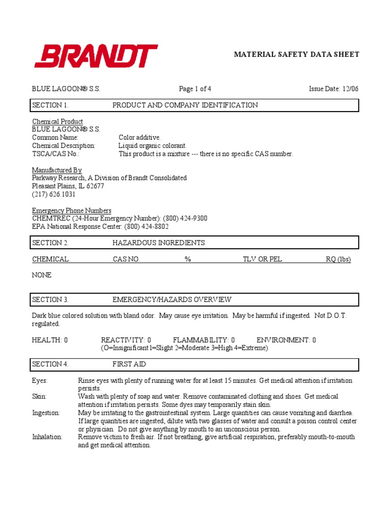 Blue Lagoon Ss Pond Dye Msds | PDF | Water | Chemistry