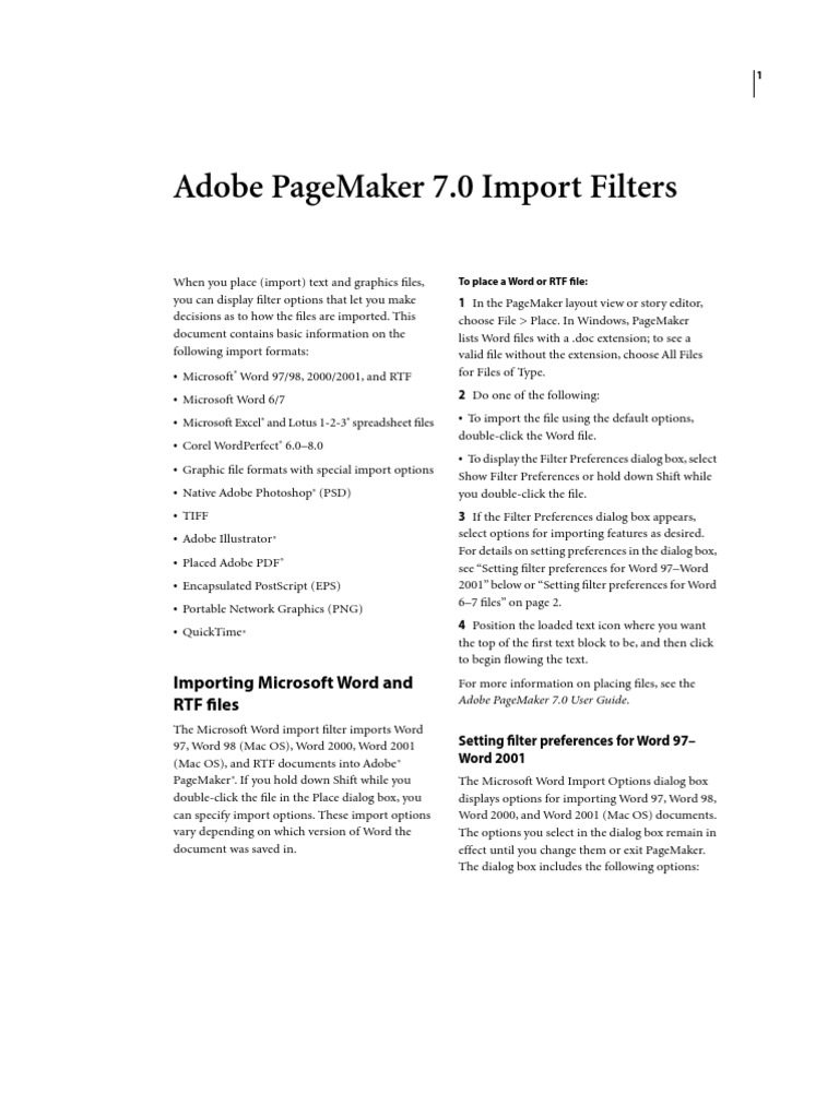 Adobe Pagemaker 7.0 Import Filters: Importing Microsoft Word and RTF ...