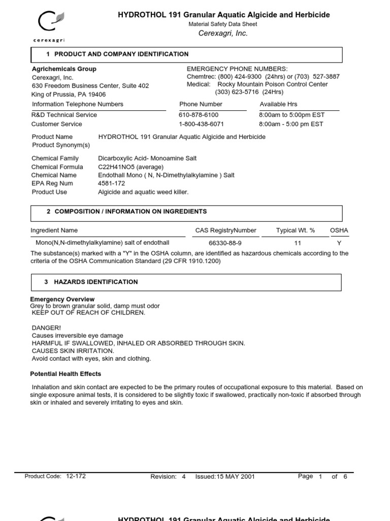 Hydrothol 191 Safety Data Sheet | PDF | Toxicity | Ventilation ...