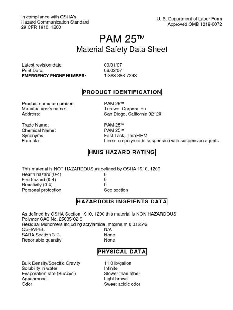 Pam 25 Co-Polymer Water Clarifier Msds | PDF | Occupational Safety And ...