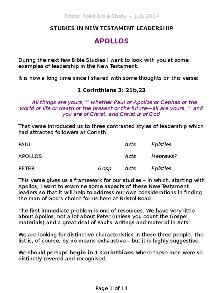Apollos - studies in new testament church leadership | First Epistle To ...