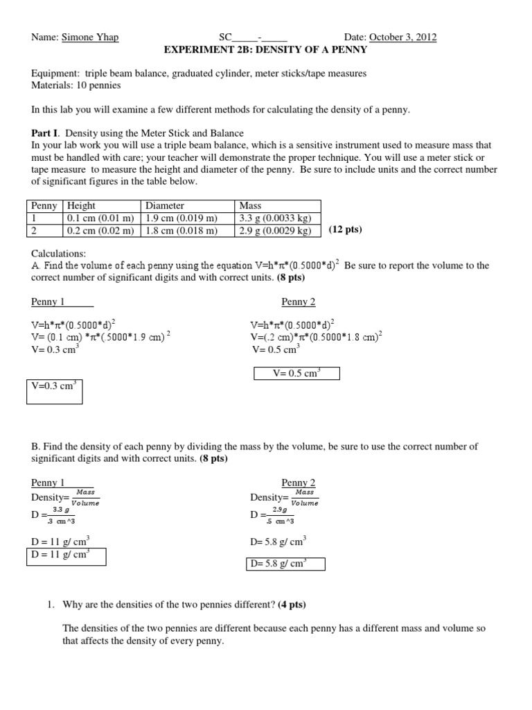Experiment 2B: Density of A Penny | PDF | Significant Figures | Density