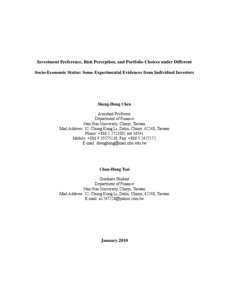 Investment Preference, Risk Perception, and Portfolio Choices Under ...
