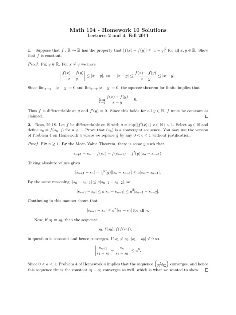 Math 104 - Homework 10 Solutions: Lectures 2 and 4, Fall 2011 | PDF ...