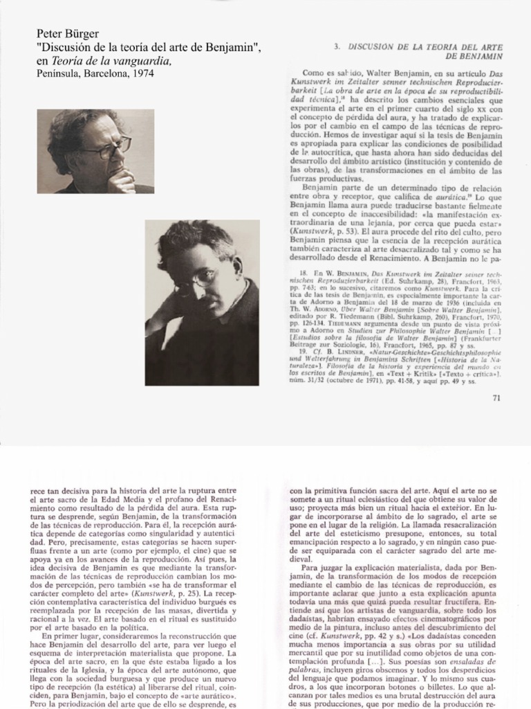 Peter Burger. Discusion de La Teoria Del Arte de Benjamin | PDF ...