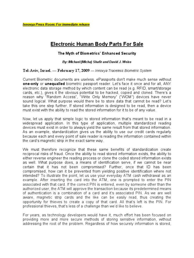 Biometric: Electronic Human Body Parts For Sale - The Myth of ...