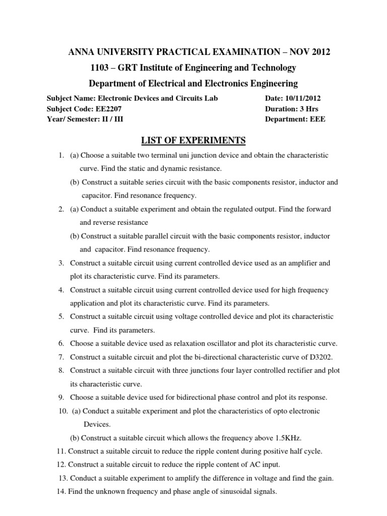 Anna University Practical Examination 1 | PDF | Electrical Network ...