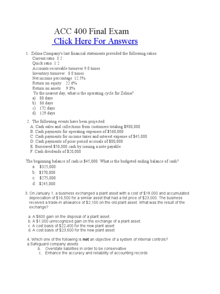 Click Here For Answers: ACC 400 Final Exam | PDF | Bad Debt | Debits ...