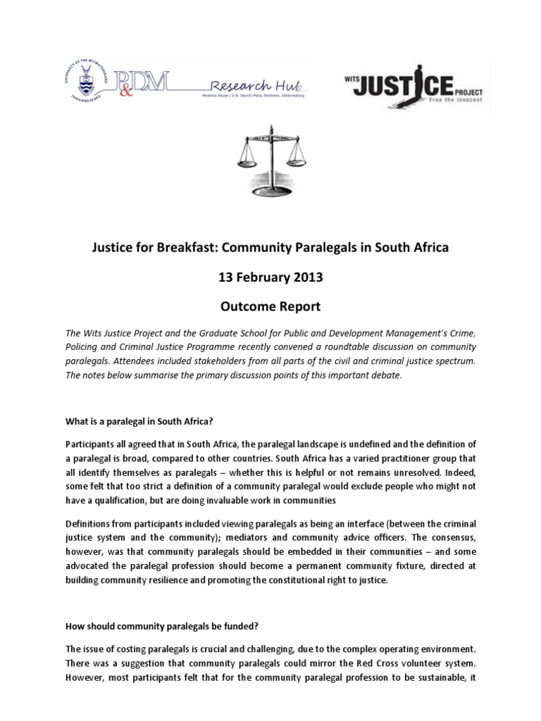 Justice For Breakfast: Community Paralegals in South Africa Outcomes ...