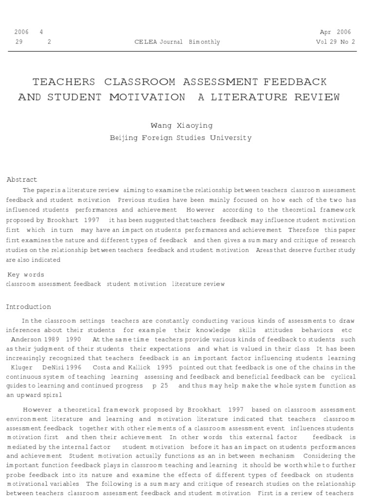 Teachers Classroom Assessment Feedback and Student Motivation A ...