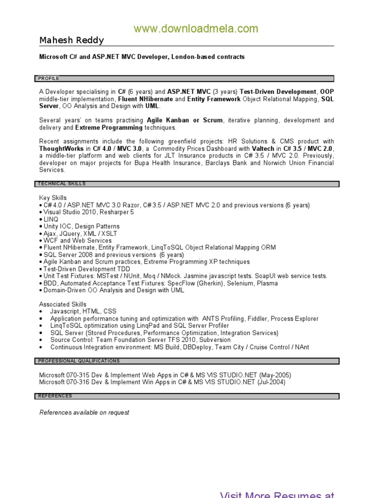 Asp.net Sample Resume | Microsoft Visual Studio | Model–View–Controller | Free 30-day Trial | Scribd