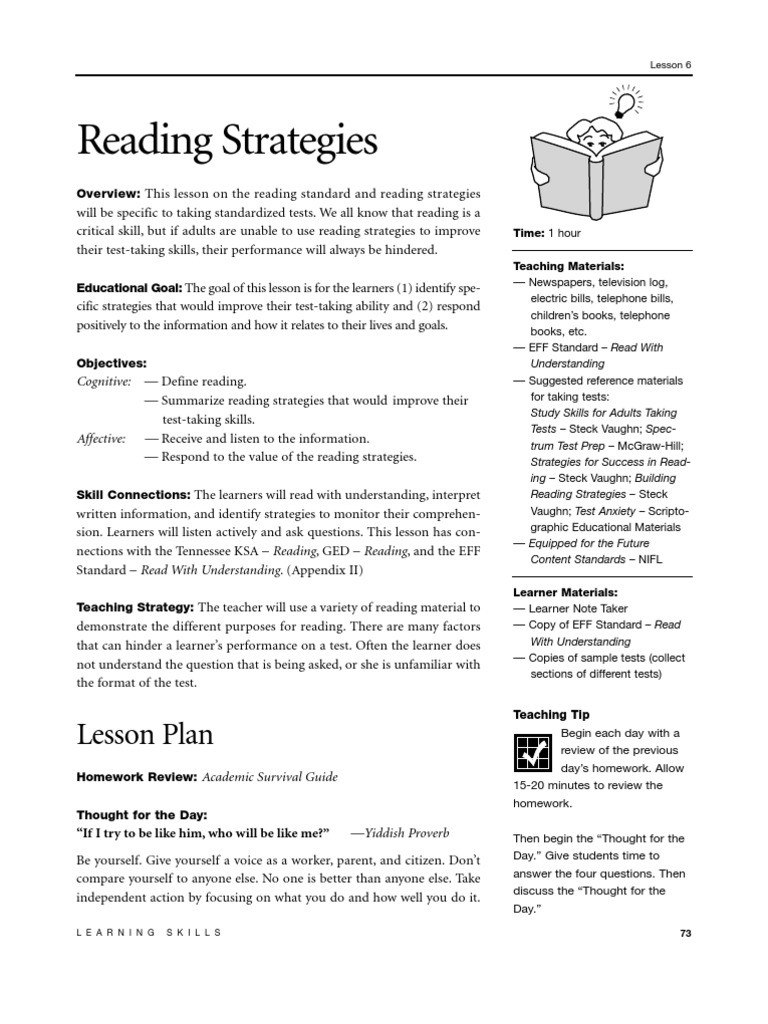 Reading Strategies: Lesson Plan | PDF | Reading (Process) | Educational ...